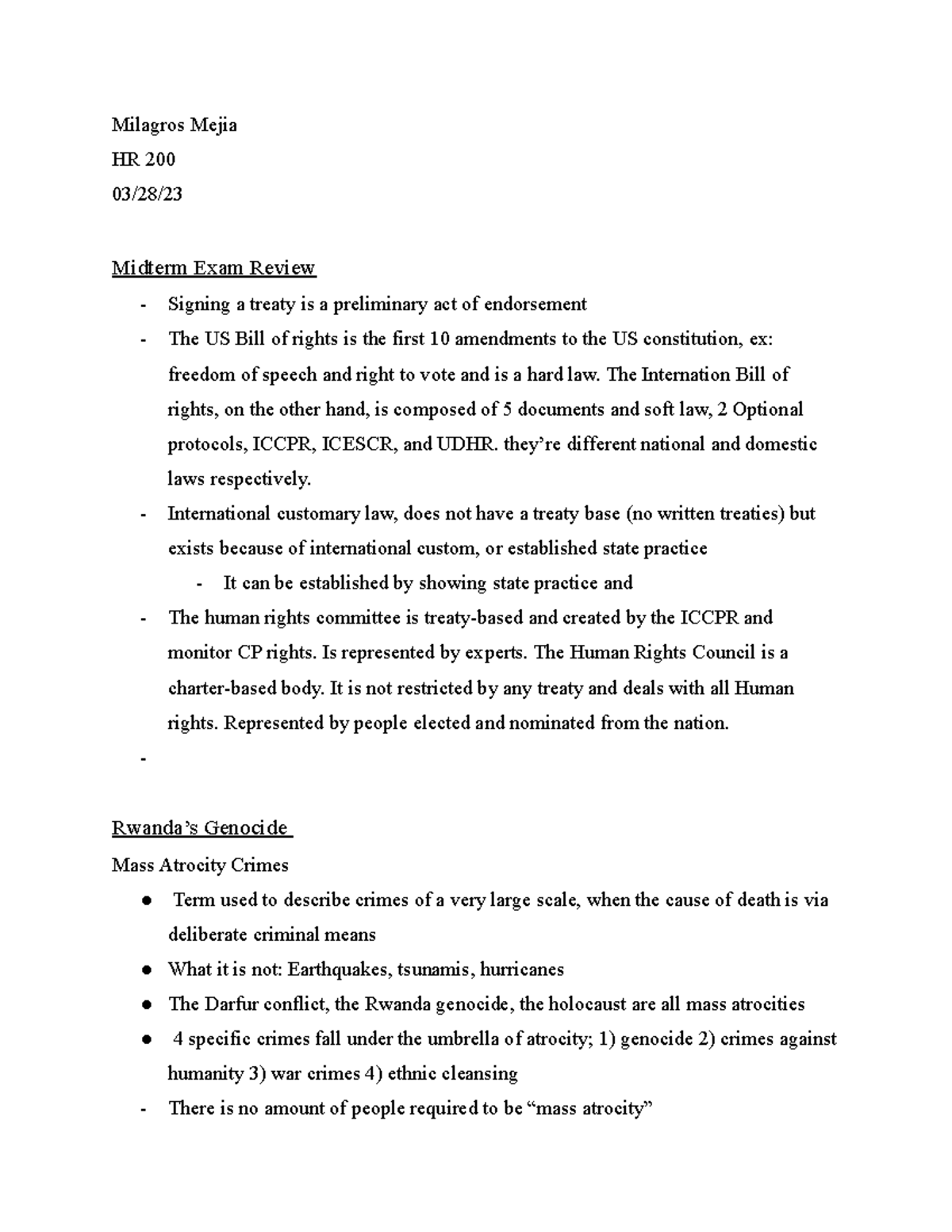 HR 03 - Rwanda genocide + Midterm Exam Review - Milagros Mejia HR 200 ...