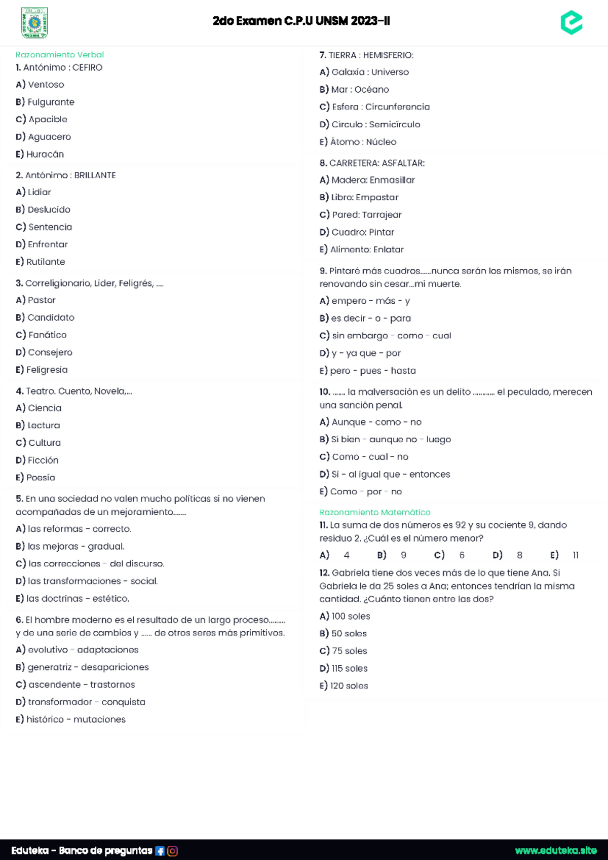 Segundo examen c.p.u unsm 2023-ii eduteka 1716308190059 - Unsm 2do Examen C.P UNSM NACIONAL ...
