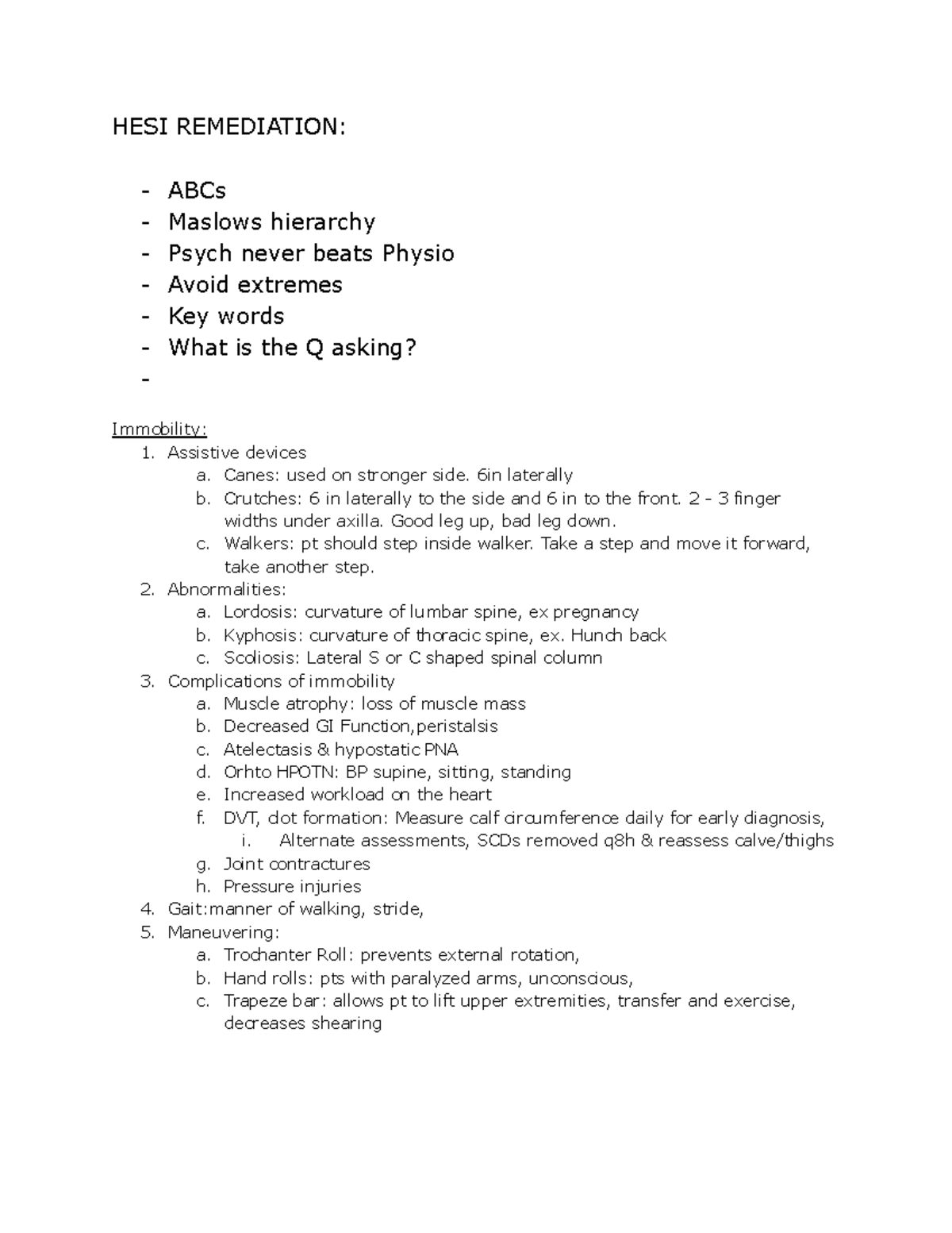 Hesi REV remediation - HESI REMEDIATION: - ABCs - Maslows hierarchy ...