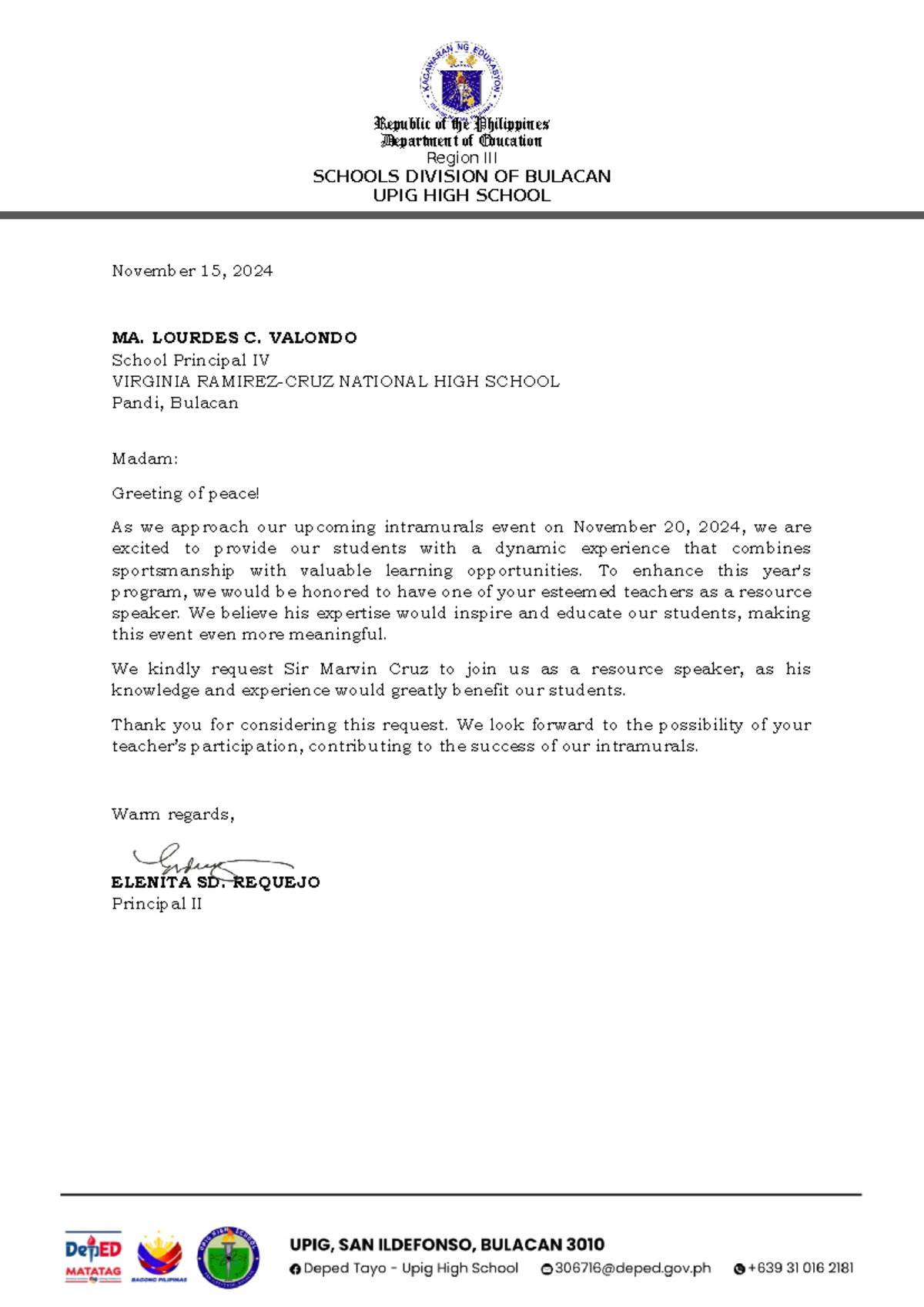 Request Letter Intrams Resource Speaker Copy 1 - Republic of the Philippines Department of ...