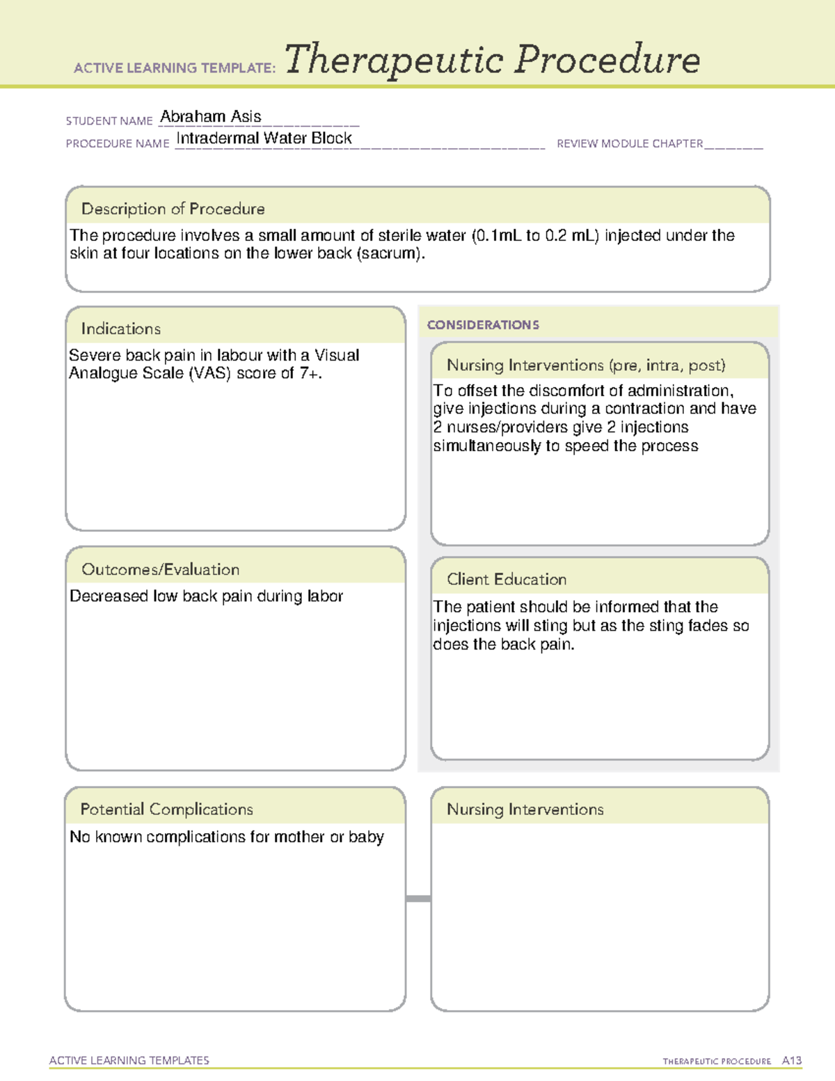 Active Learning Template Therapeutic Procedure form (Intradermal water ...