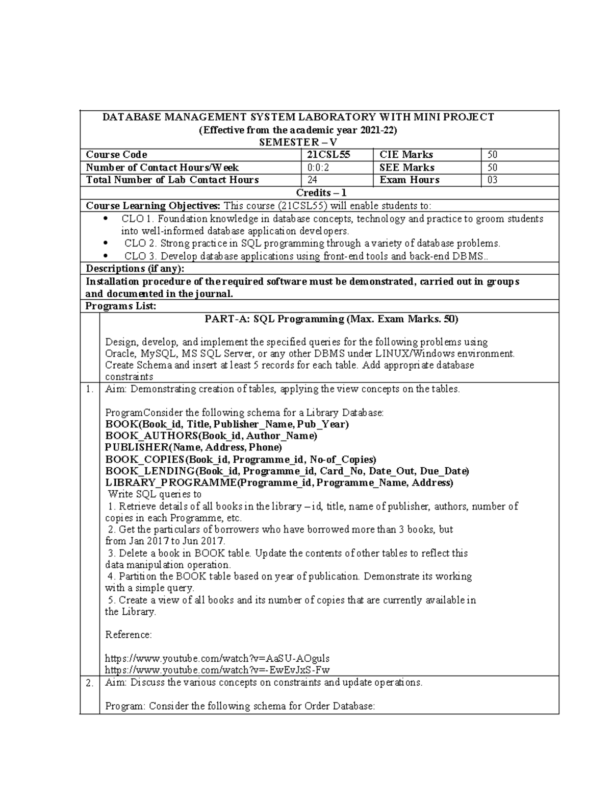 21cs55 Dbms Lab Experiment List Format Database Management System Laboratory With Mini Project
