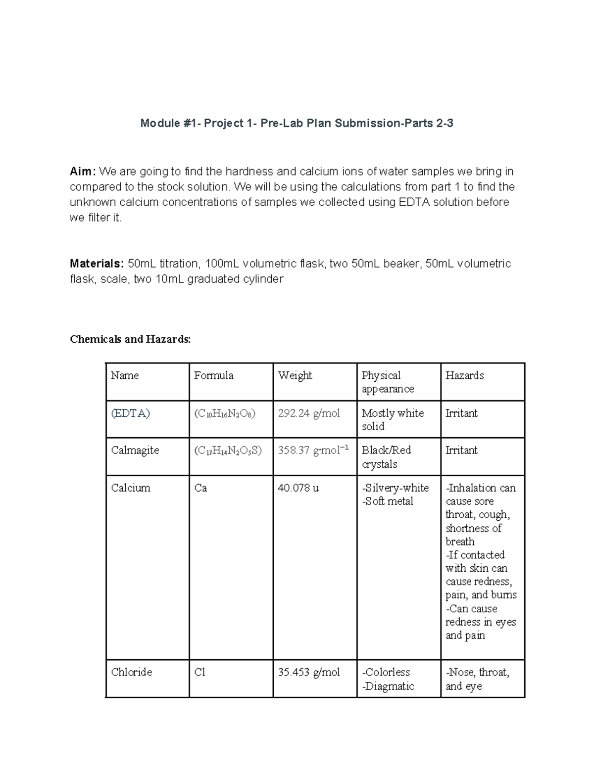 Module 1 Project 1 Pre Lab Plan Submission Parts 2 3 We Will Be Using The Calculations From