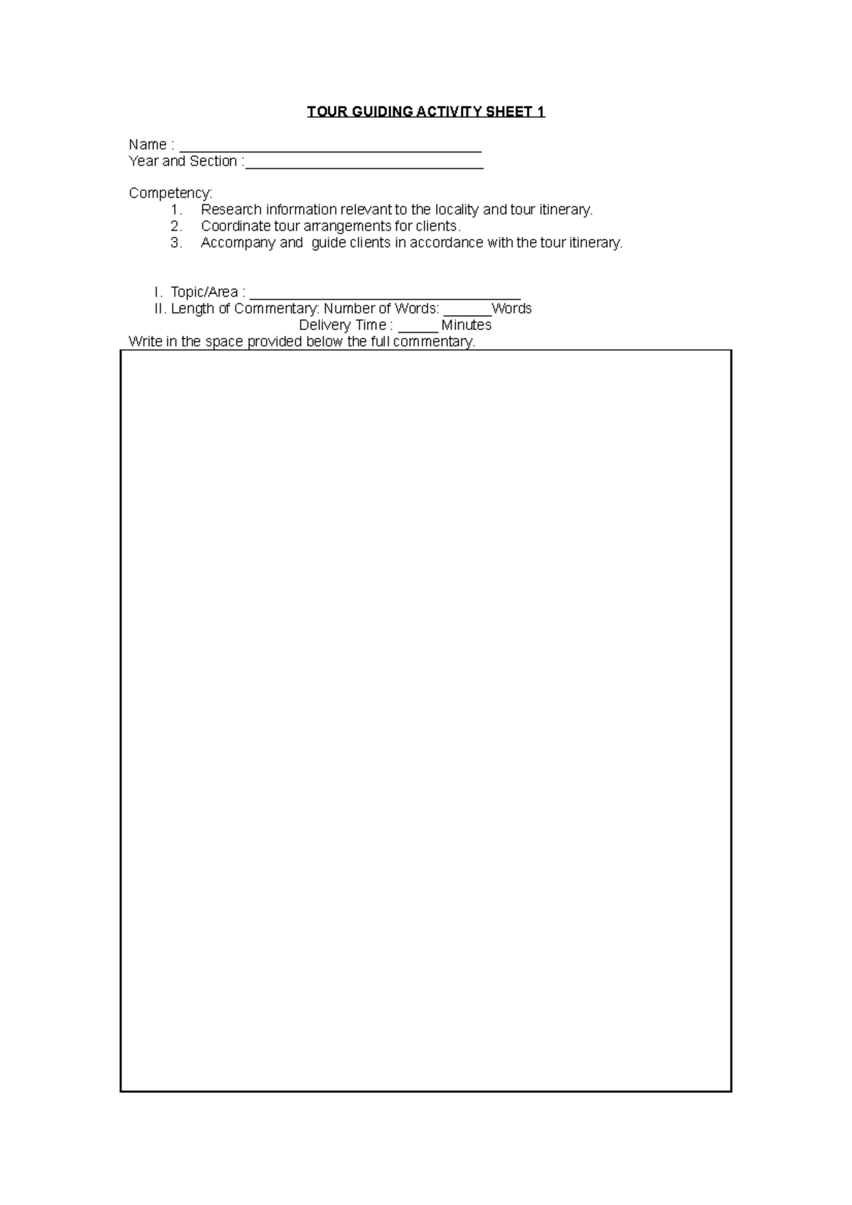 TOUR Guiding Activity Sheets - TOUR GUIDING ACTIVITY SHEET 1 Name ...