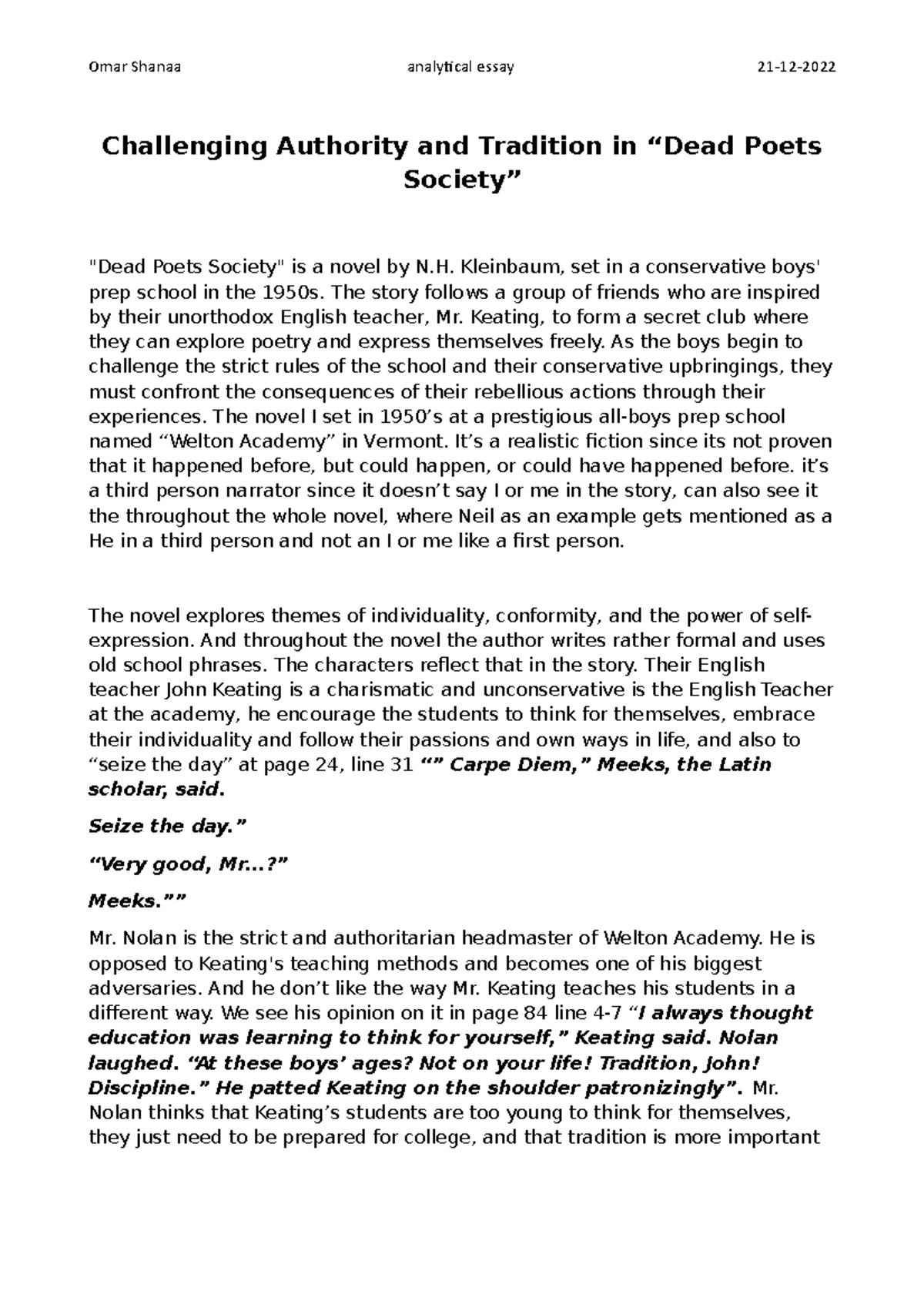 Challenging Authority and Tradition in “Dead Poets Society” - Omar ...