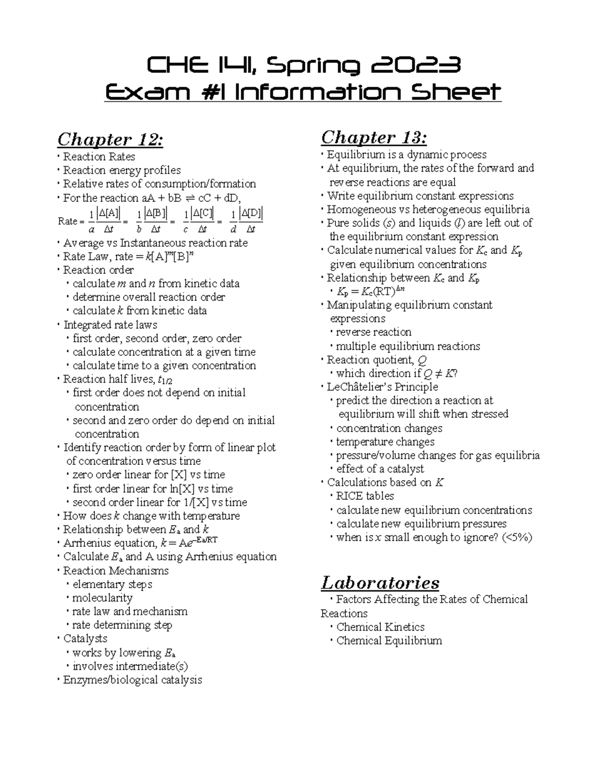 Exam 1 study guide with key points - CHE 141, Spring 2023 Exam #1 ...