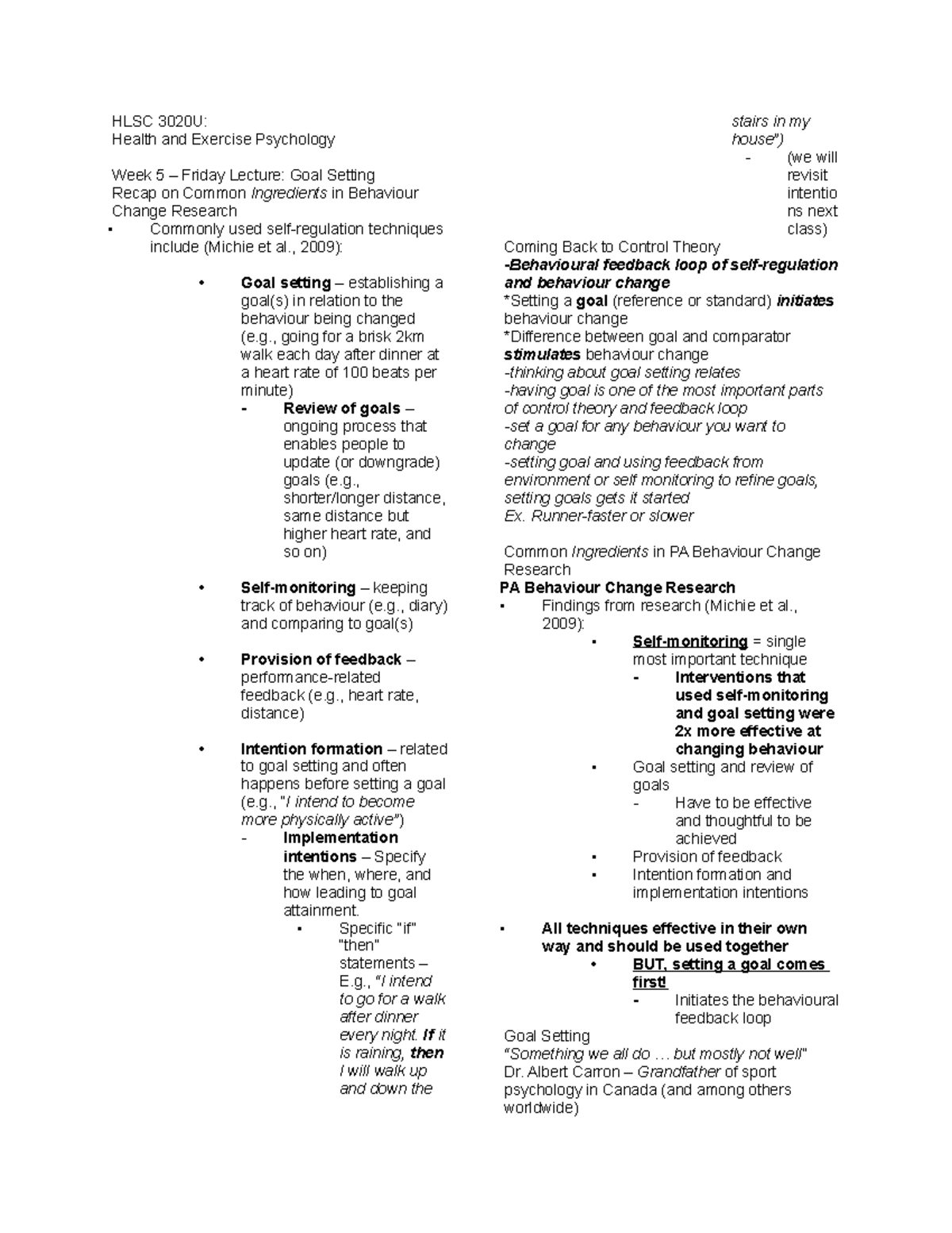 Goal Setting - Lecture notes 5 - HLSC 3020U: Health and Exercise ...