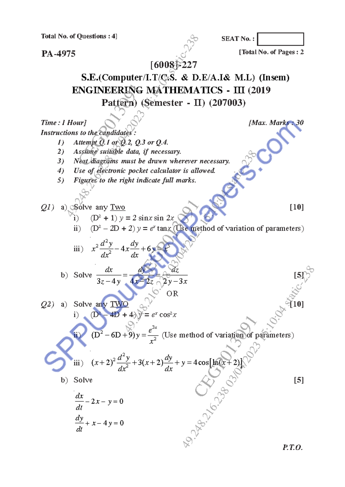 Insem m3 - Q1) a) Solve any Two [10] i) (D 2 + 1) y = 2 sinx sin 2x ii ...