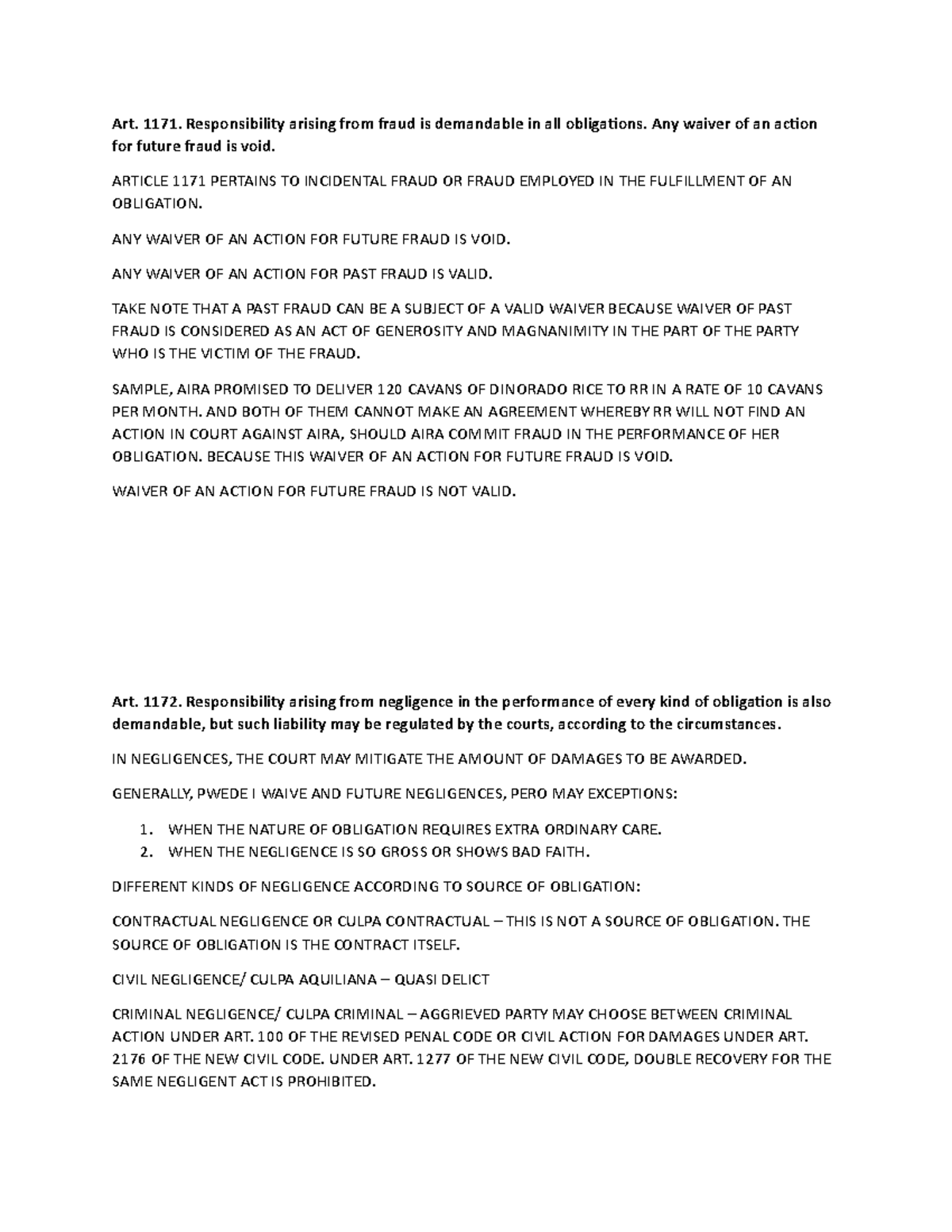 Articles 1171 - 1174 - OBLICON NOTES - Art. 1171. Responsibility ...