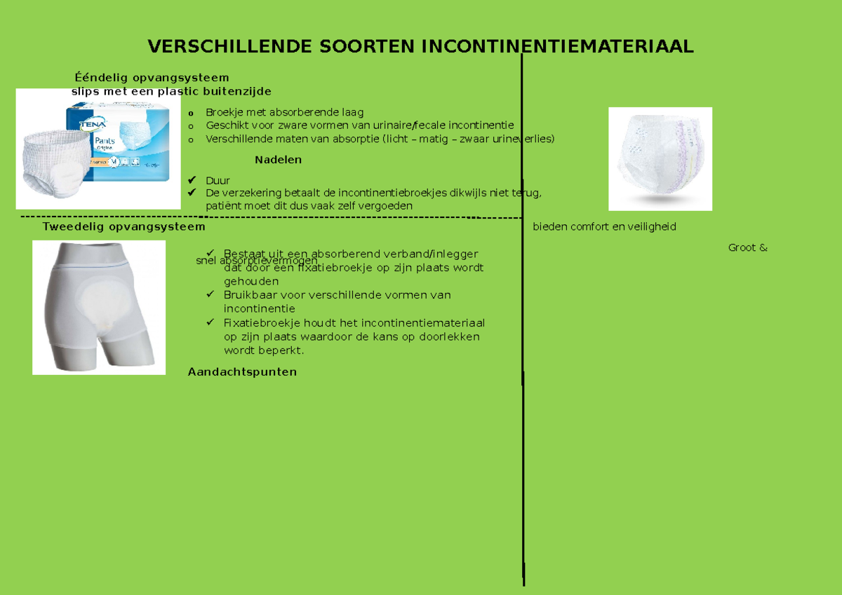 Samenvatting Incontinentiemateriaal - VERSCHILLENDE SOORTEN ...
