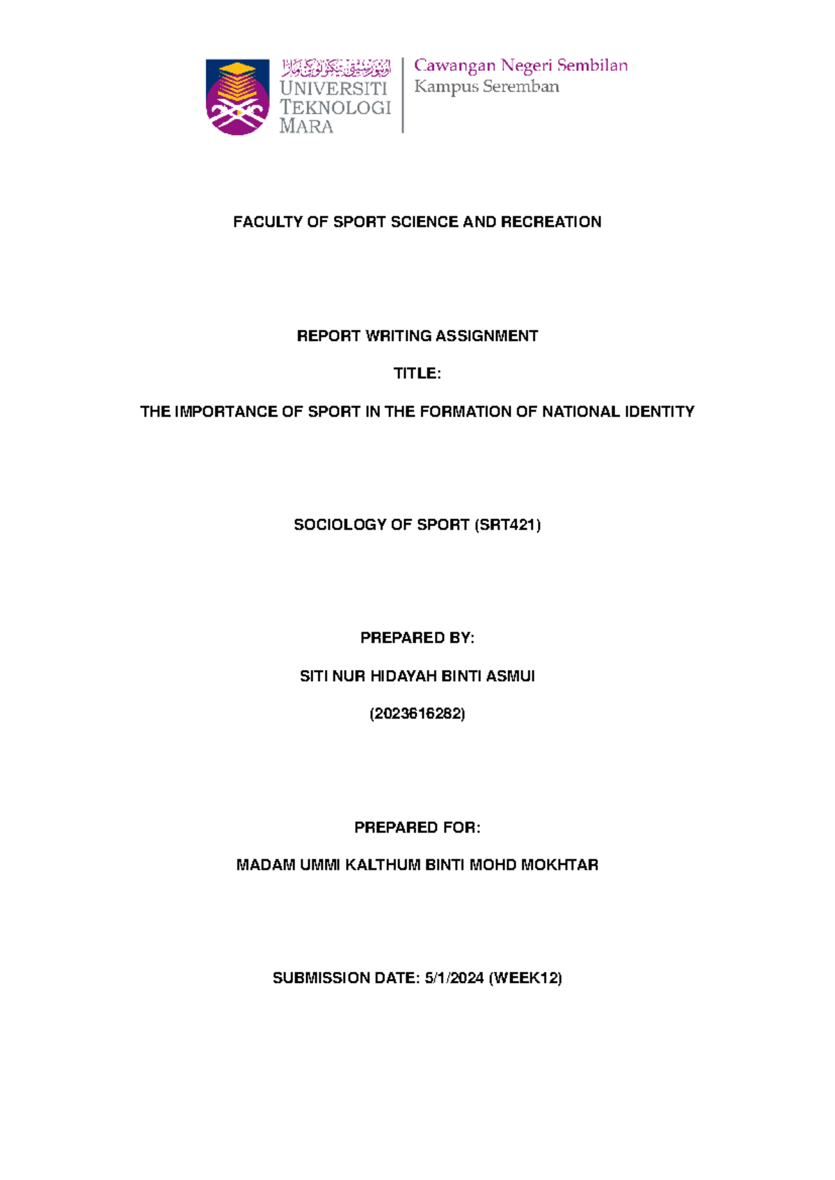 Journalexamplesociology - FACULTY OF SPORT SCIENCE AND RECREATION ...