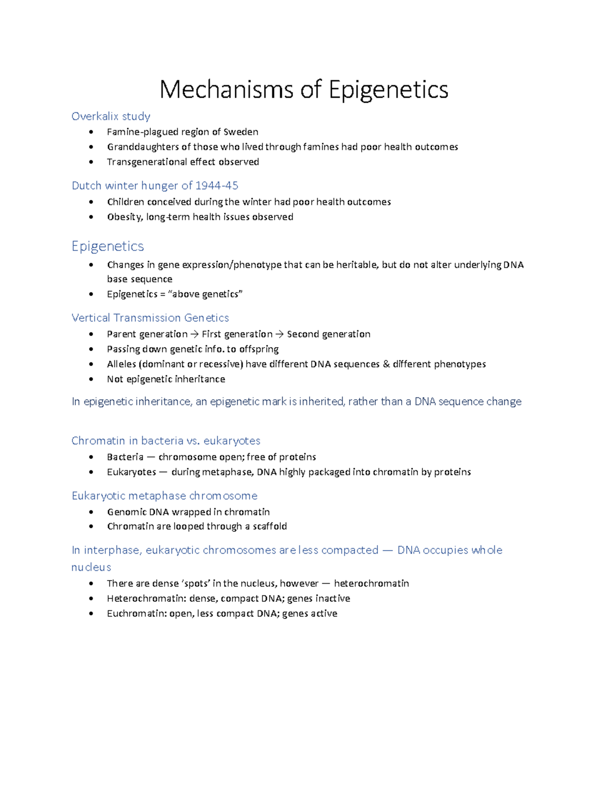 Mechanisms of Epigenetics and Transgenerational Effects - Studocu