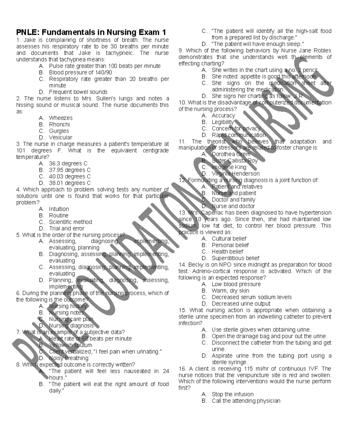 Foundation OF Nursing - Review questions with rationale which could ...