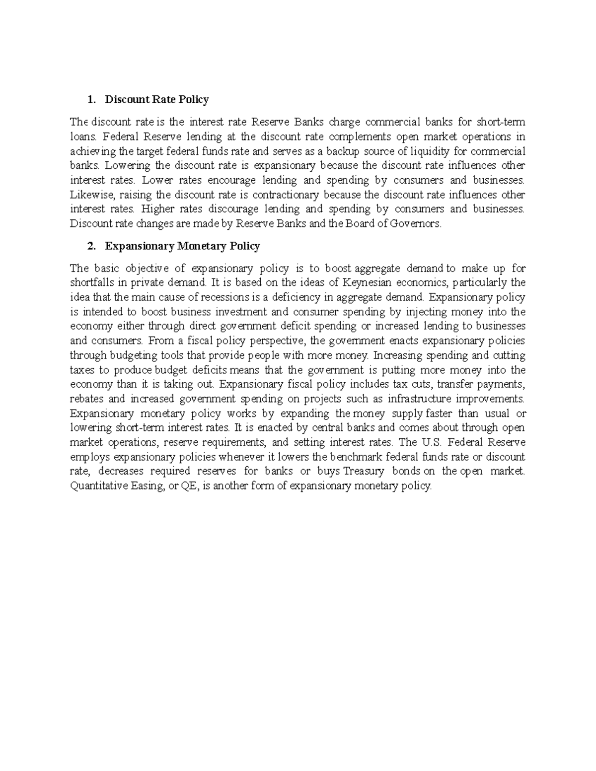 Discount Rate and Expansionary Monetary Policy - 1. Discount Rate ...