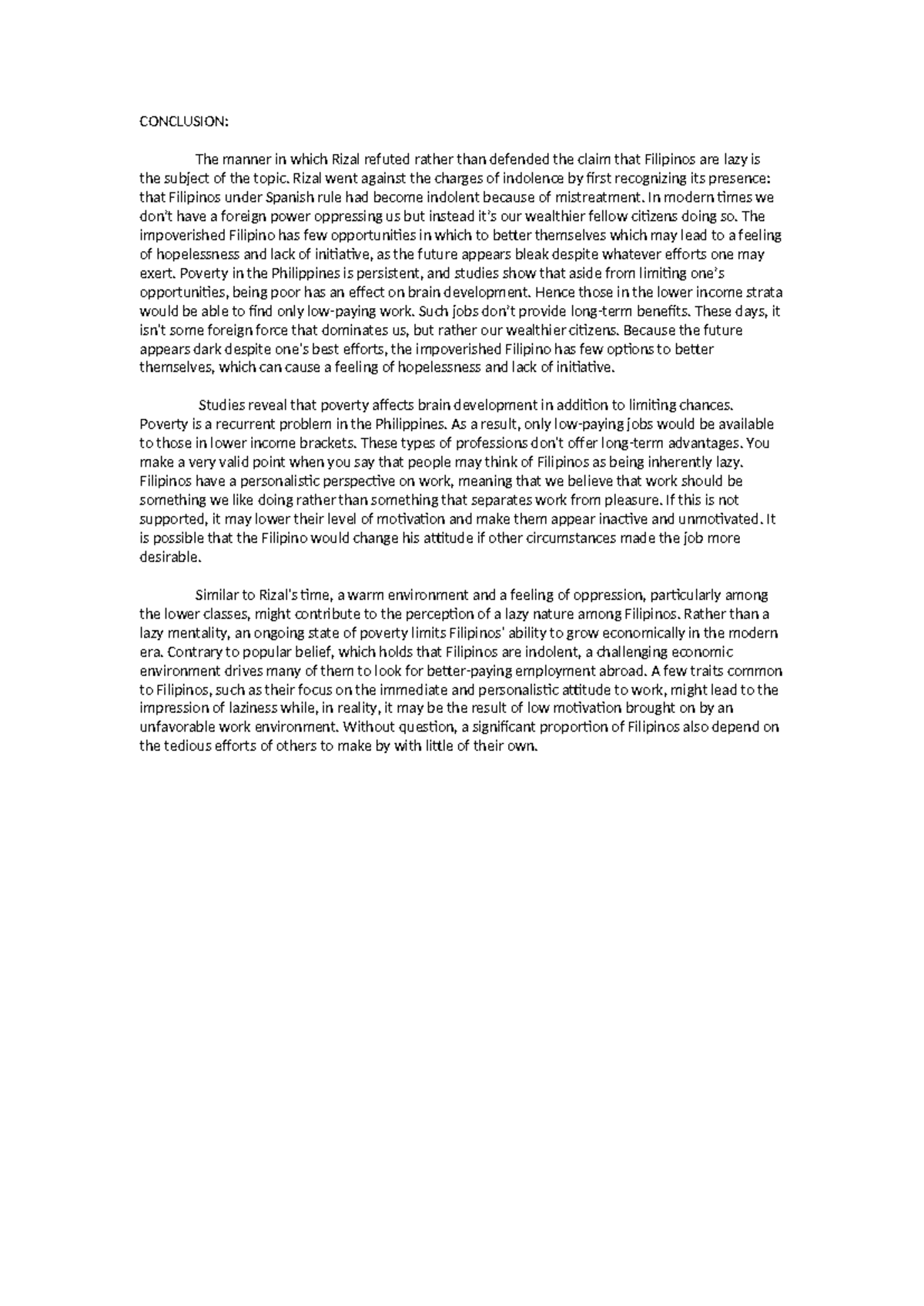 Conclusion - the indolence of the Filipino - CONCLUSION: The manner in ...