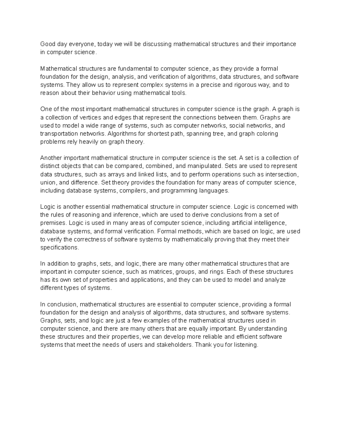 Lecture Mathematical Structure for Computer Science - Good day everyone ...