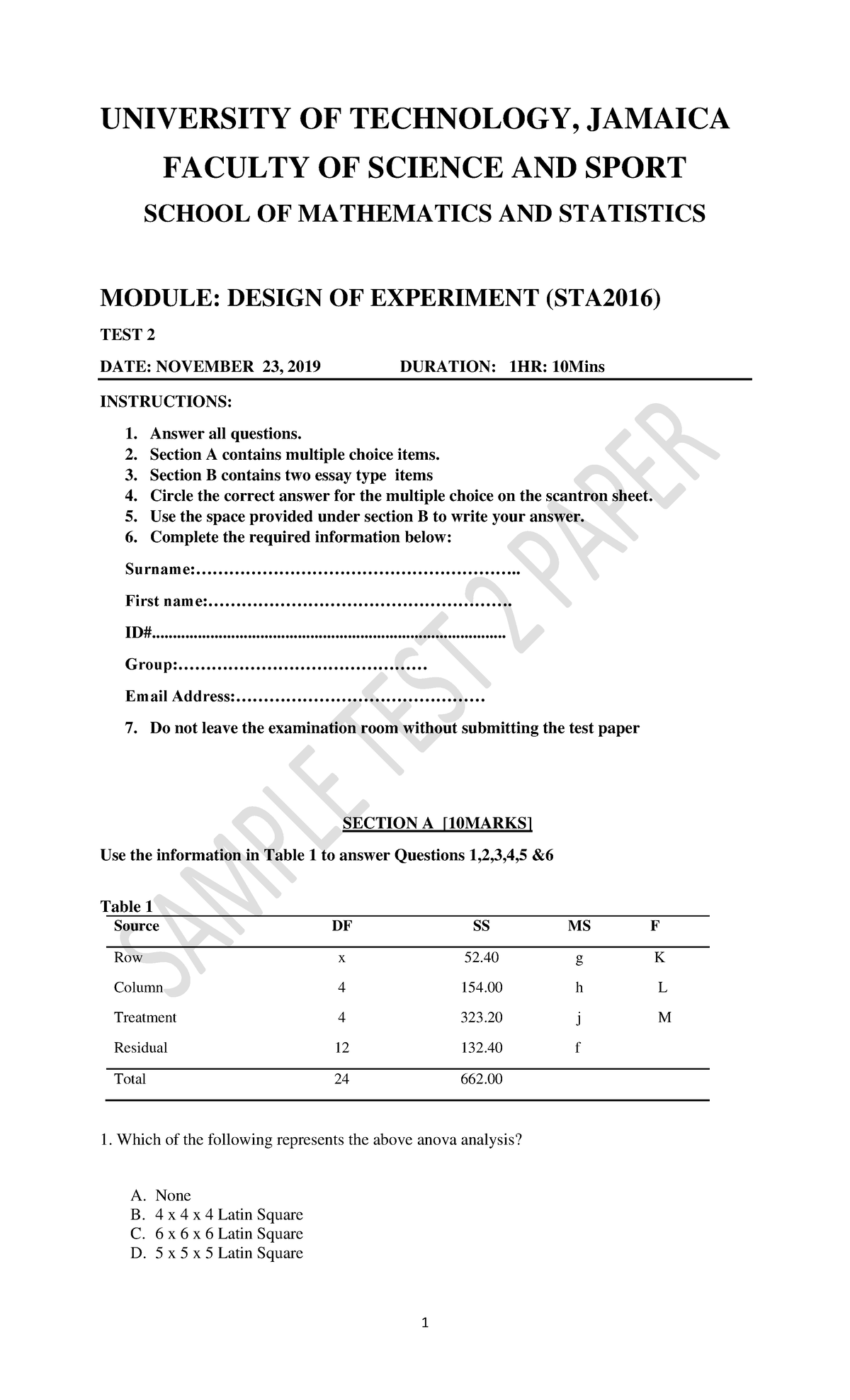 DOE TEST 2 November 23- 2019 1 - UNIVERSITY OF TECHNOLOGY, JAMAICA ...
