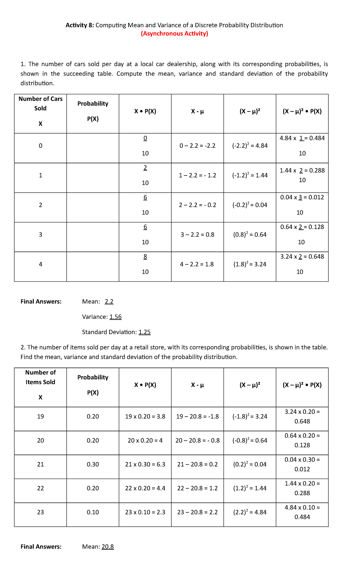 Computing Mean And Variance Of A Discrete Probability Distribution