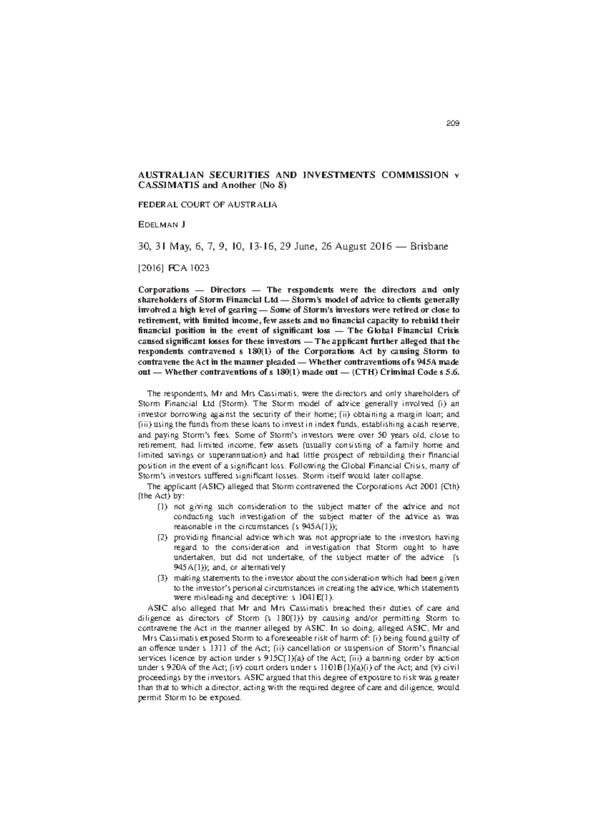 Australian Securities AND Investments Commission v Cassimatis and ...