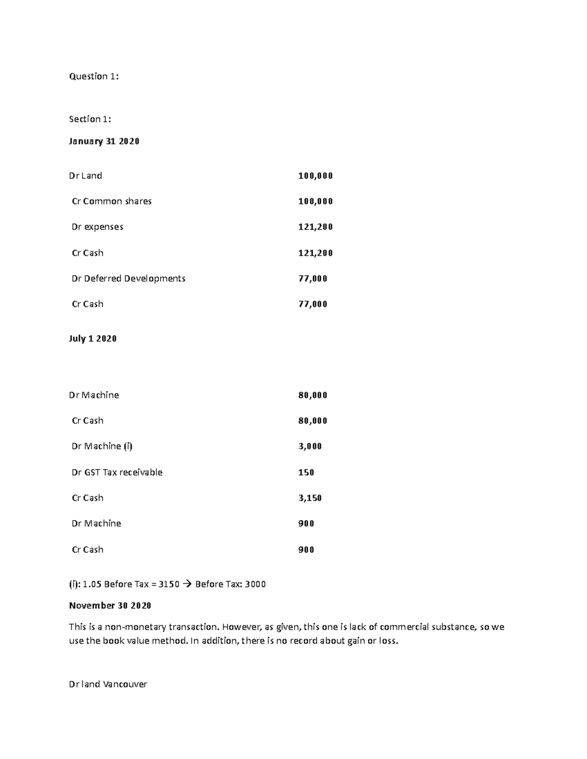 Accounting 3380 Assignment 7 - Question 1: Dr Land 100, Cr Common ...