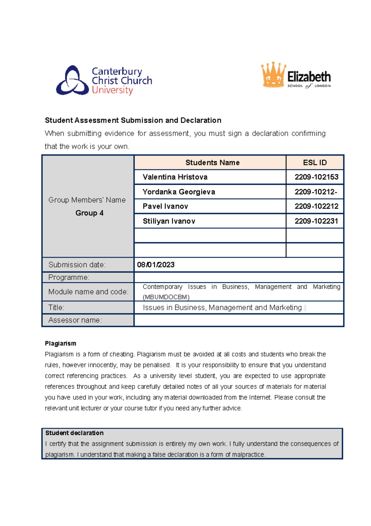 Assignment Group Report AS 1 - Student Assessment Submission and ...