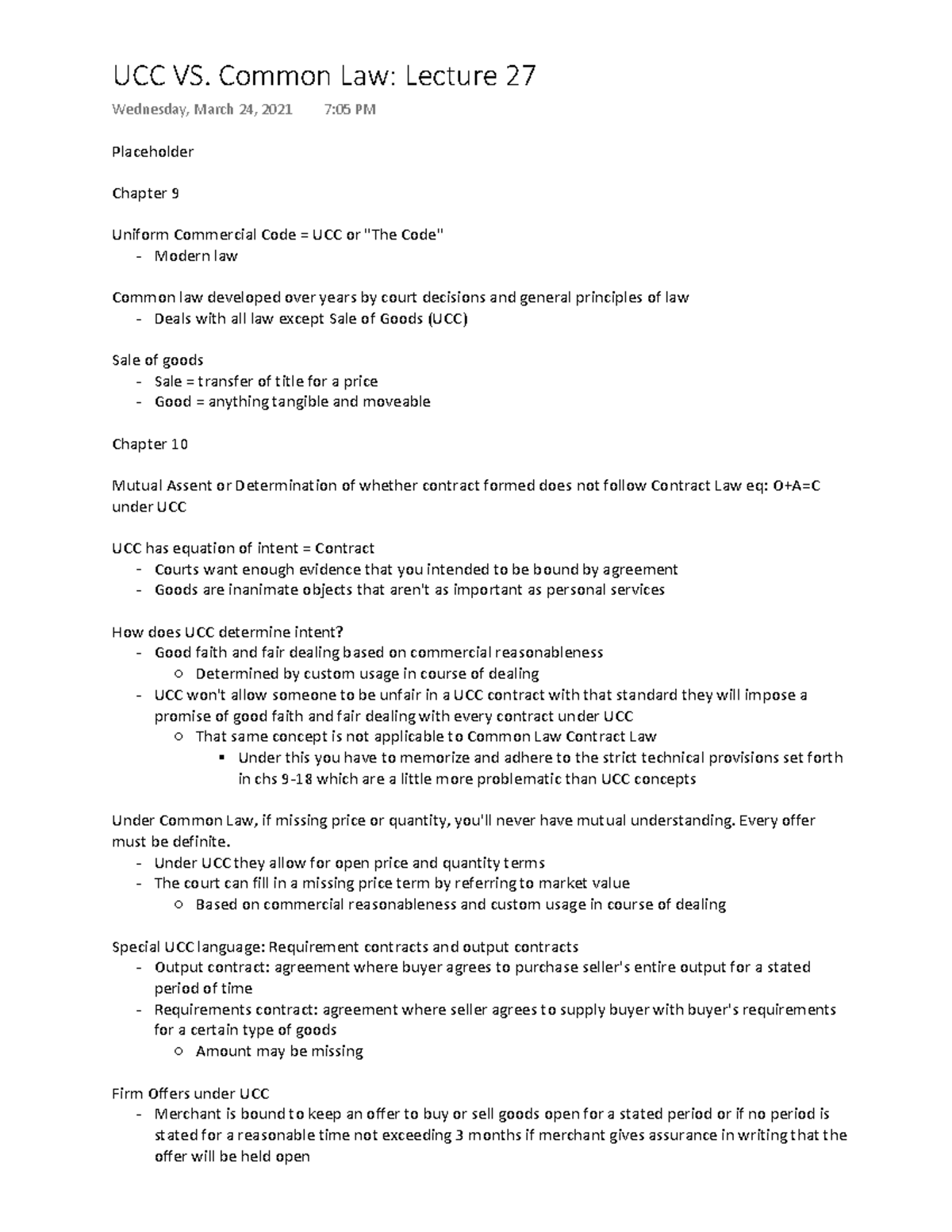 Document 25 - Chapter 25 - UCC VS. Common Law: Lecture 27 Wednesday ...
