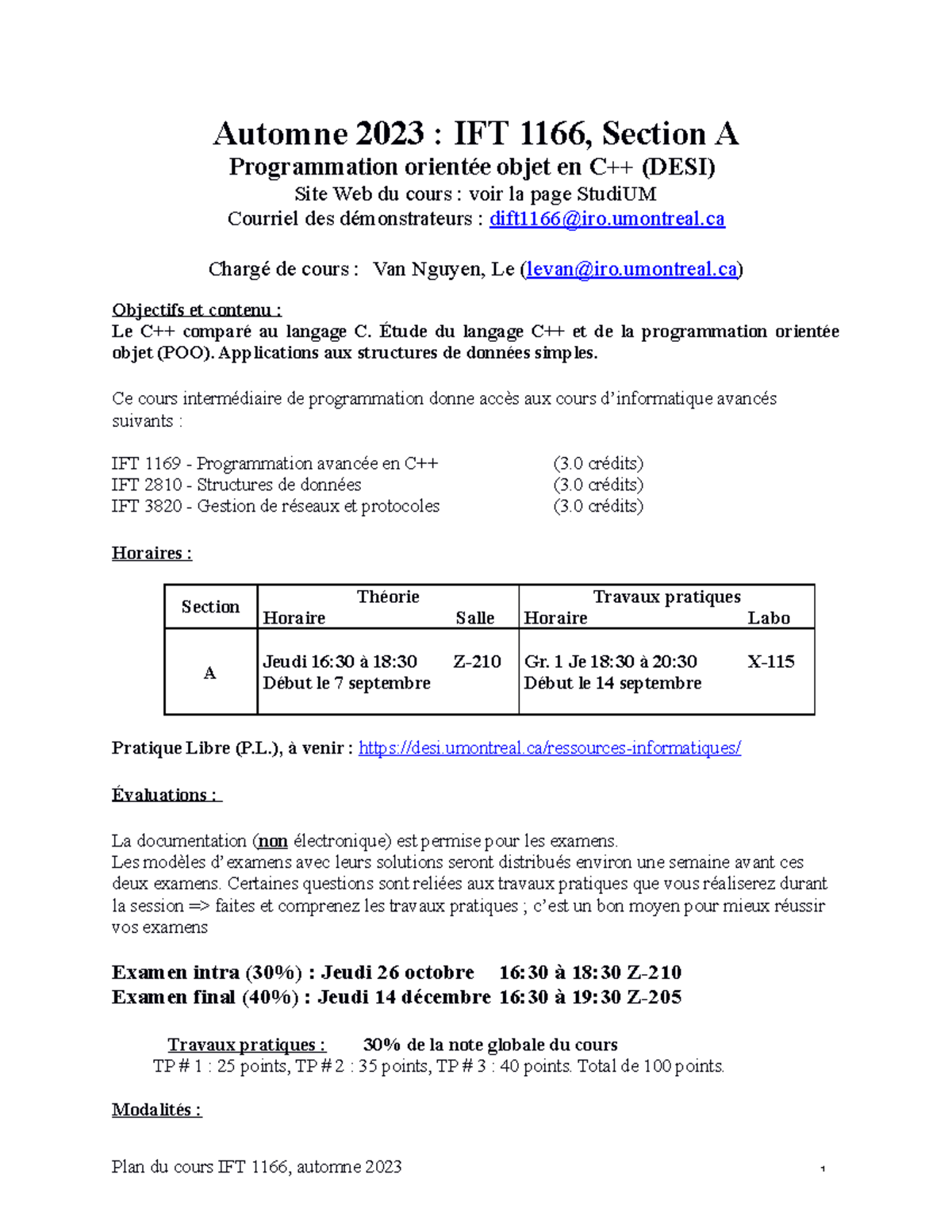 Syl 1166 a23 - plan de cours - Automne 2023 : IFT 1166, Section A Programmation orientée objet ...