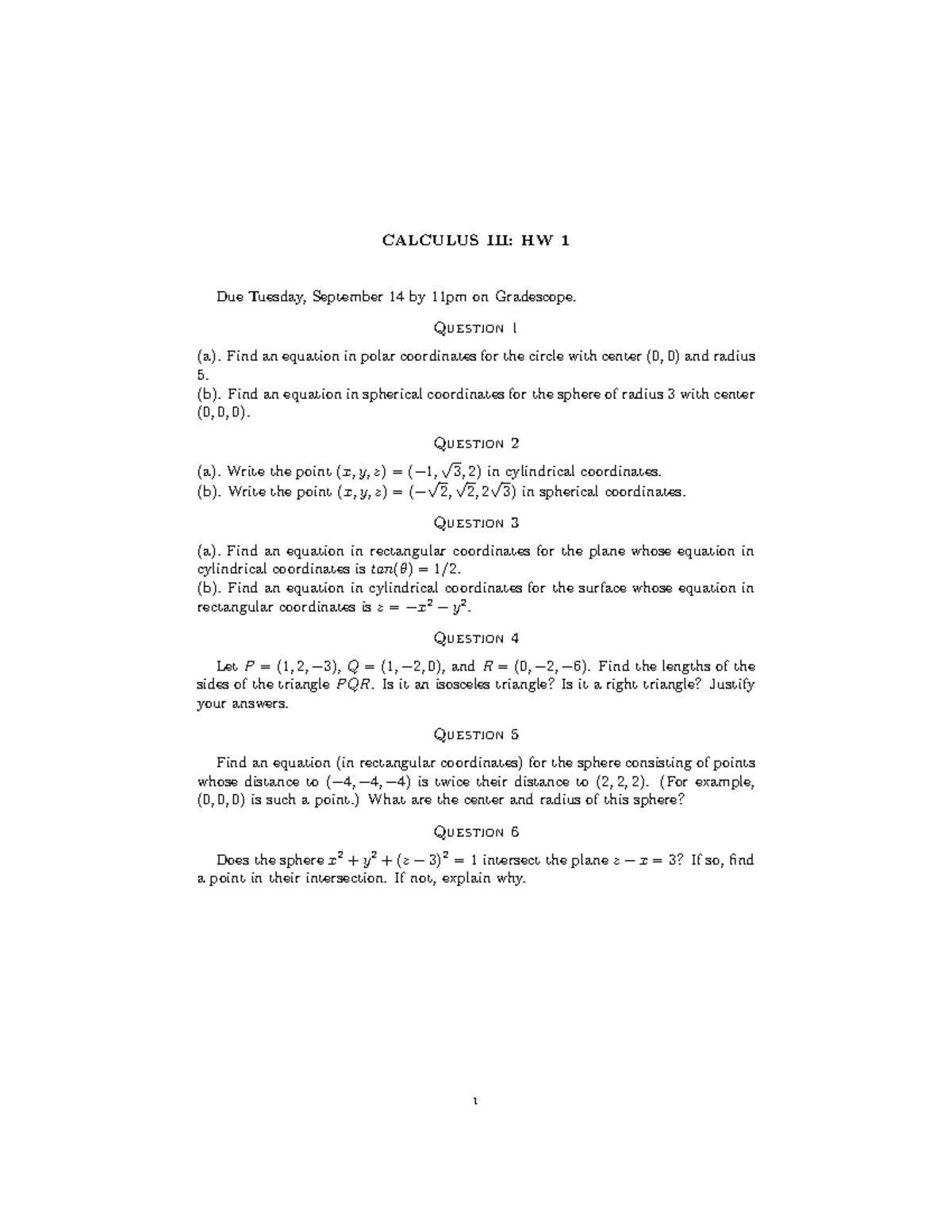 Hw1fall2021 - Coordinate Sytems - CALCULUS III: HW 1 Due Tuesday ...