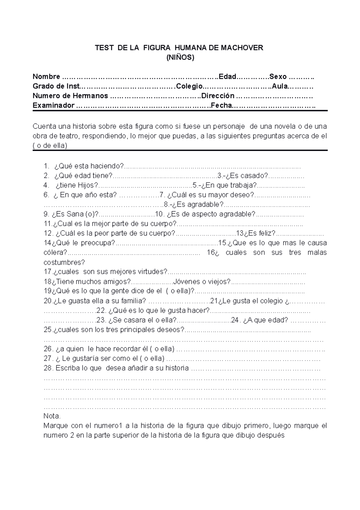 Cuestionario TEST DE Karen Machover - TEST DE LA FIGURA HUMANA DE ...