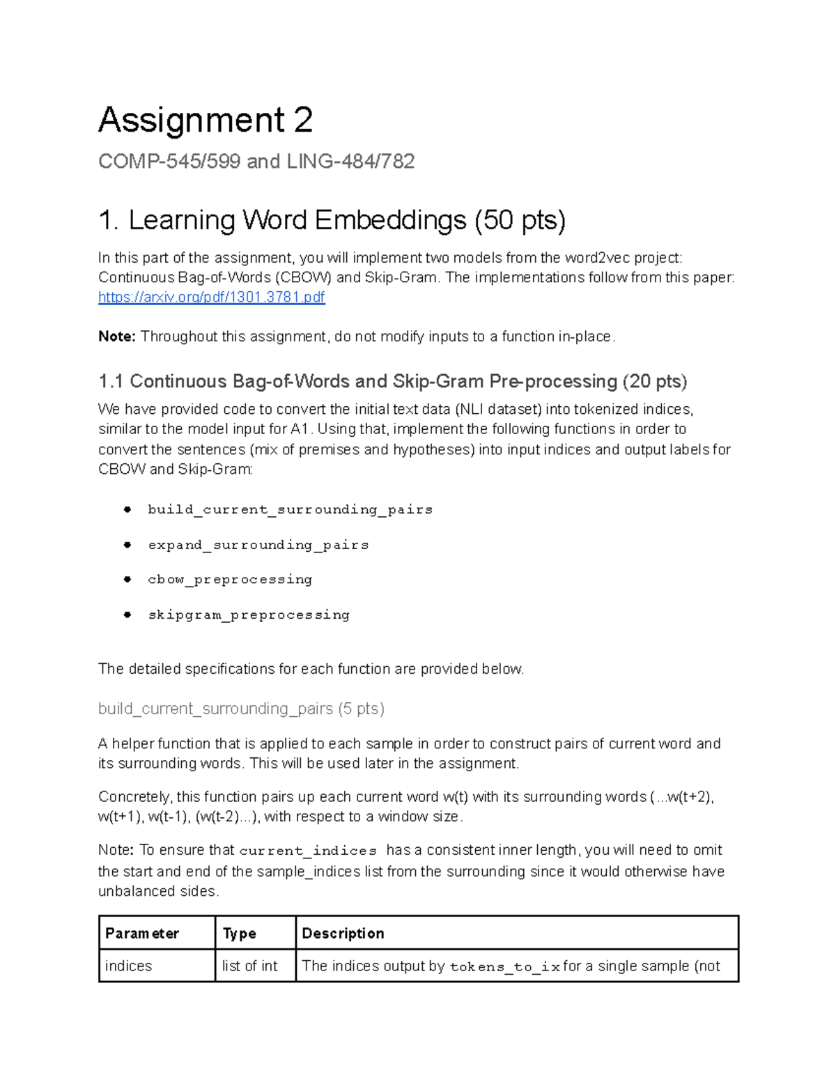A2 Instructions - Assignment 2 COMP-545/599 and LING-484/ 1. Learning Word Embeddings (50 pts ...
