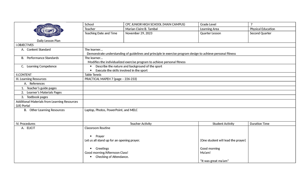 DEMO Lesson PLAN Final - demo plan - Daily Lesson Plan School CPC ...