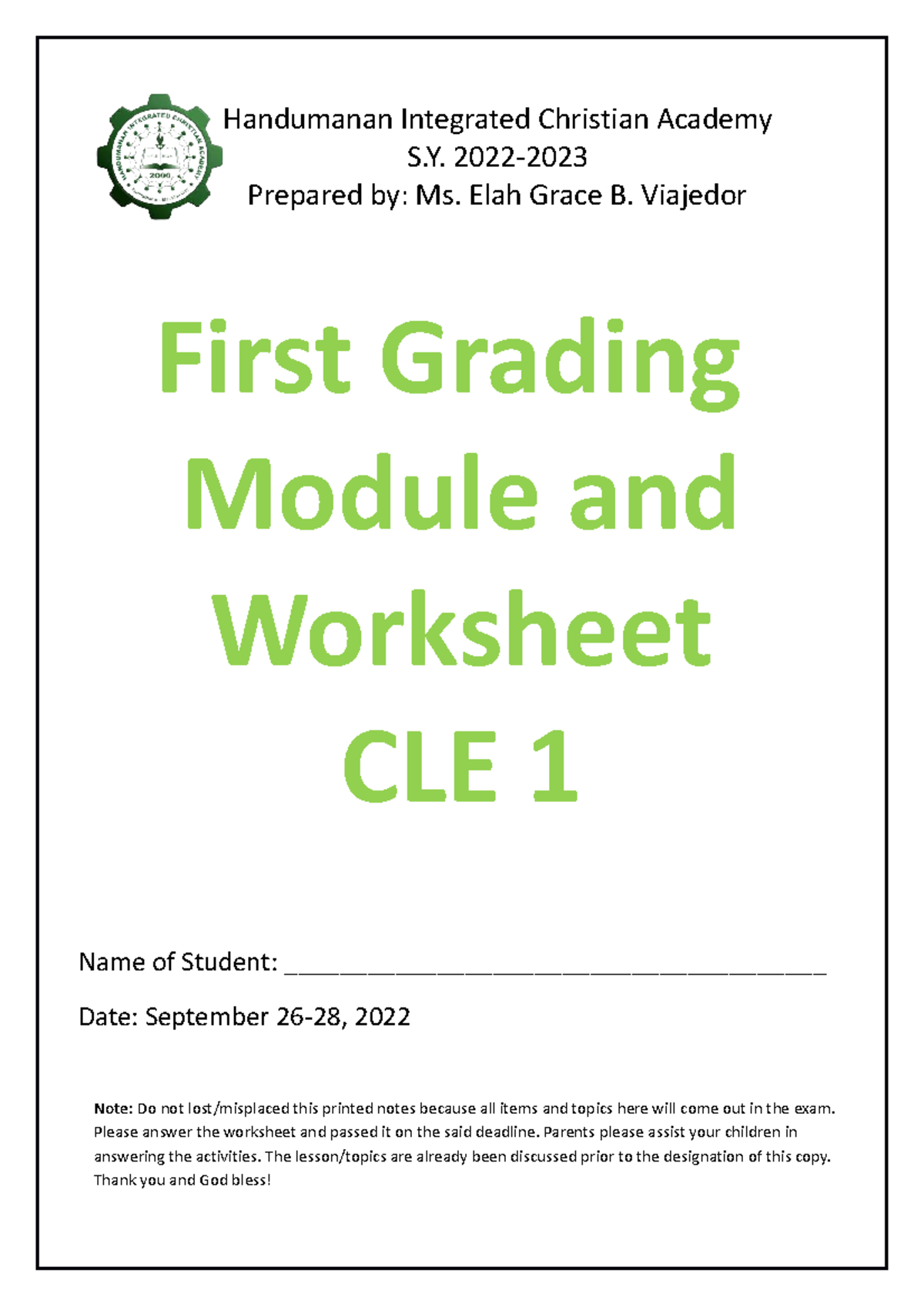 CLE 1 Module AND Worksheet 1 - Handumanan Integrated Christian Academy ...