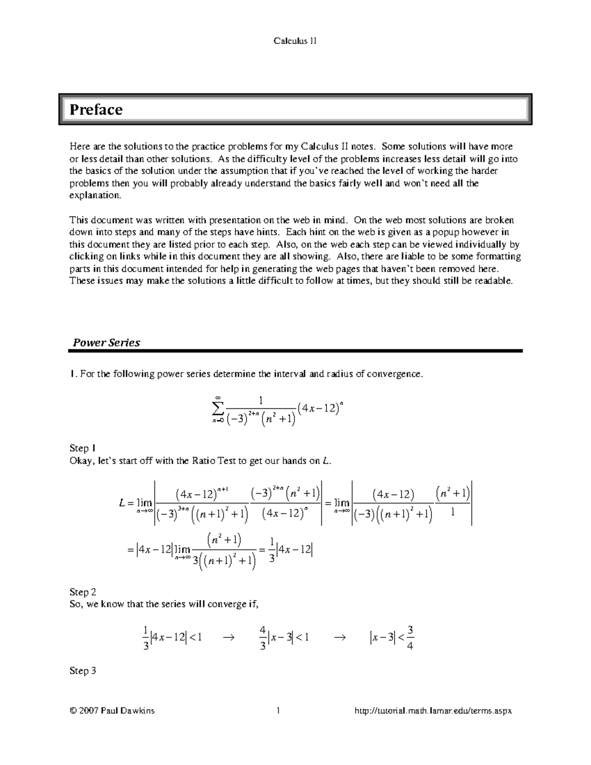 Calc II Power Series Solutions - Preface Here are the solutions to the ...