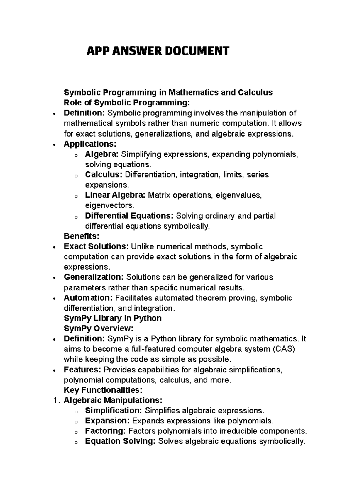 APP Answer Document - APP ANSWER DOCUMENT Symbolic Programming in Mathematics and Calculus Role ...