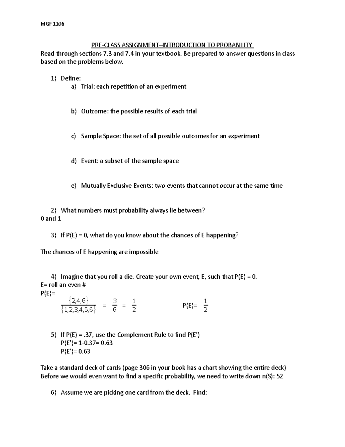 Pre-Class Week 7 (Simple Probability and Union Rule) - MGF 1106 PRE-CLASS ASSIGNMENT ...