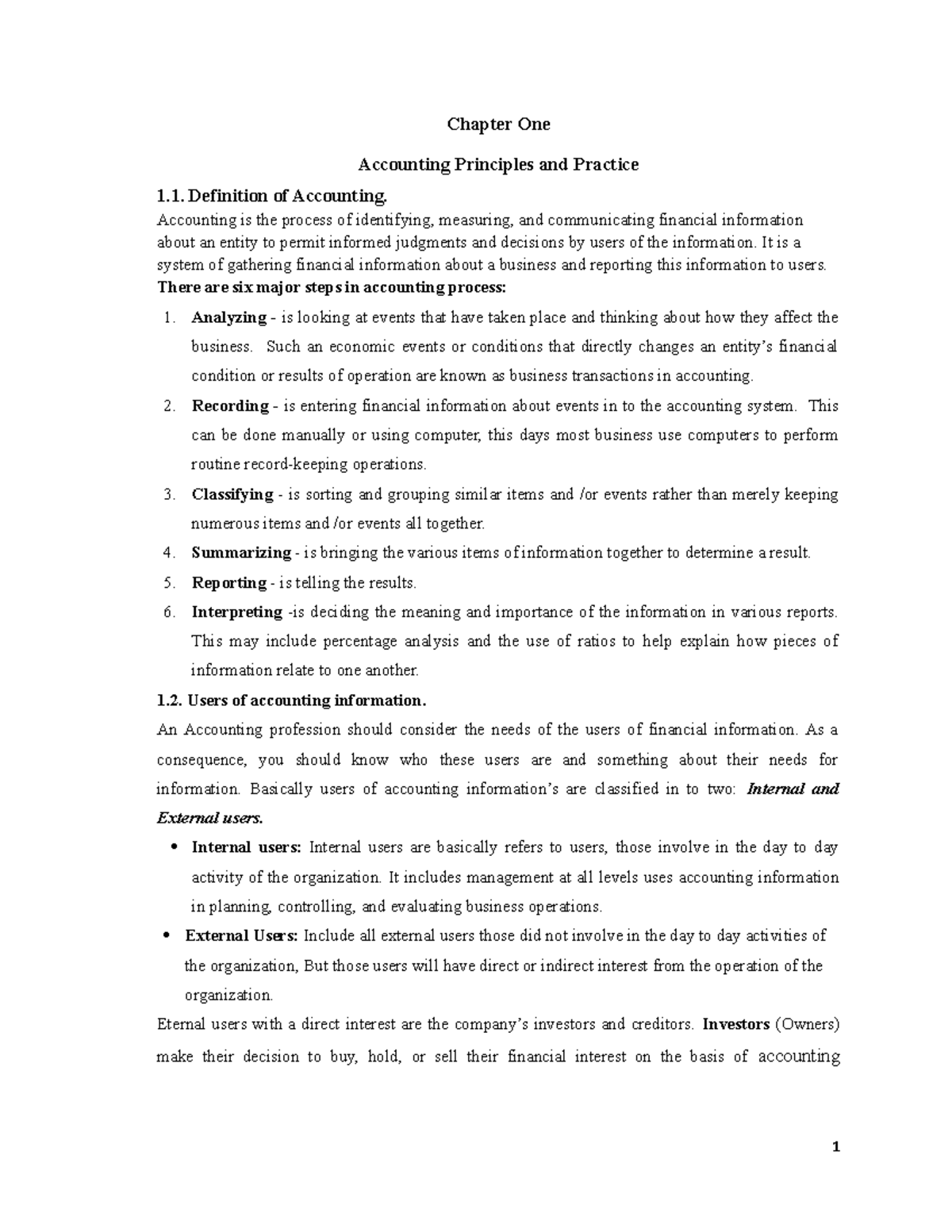 Principles of Accounting I Module - Chapter One Accounting Principles ...