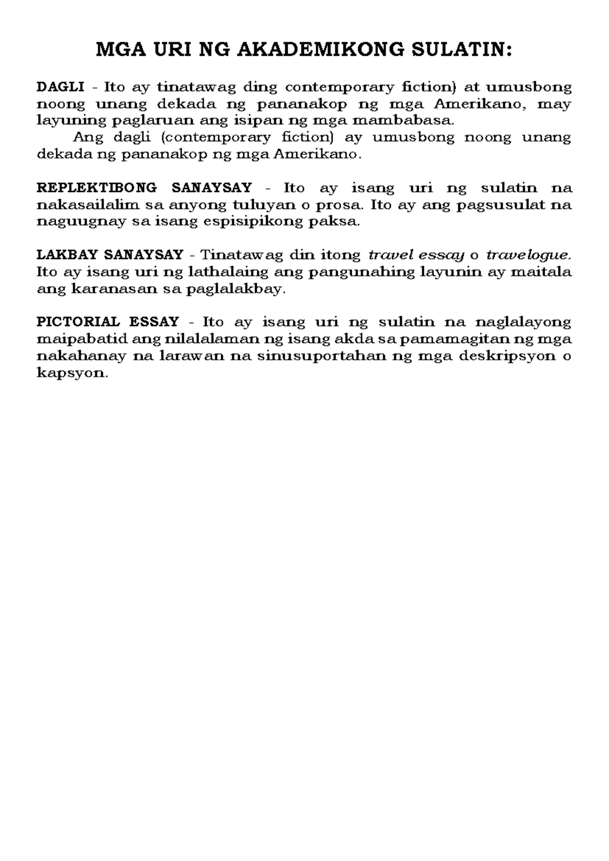 Mga Uri ng Akademikong Sulatin - MGA URI NG AKADEMIKONG SULATIN: DAGLI ...