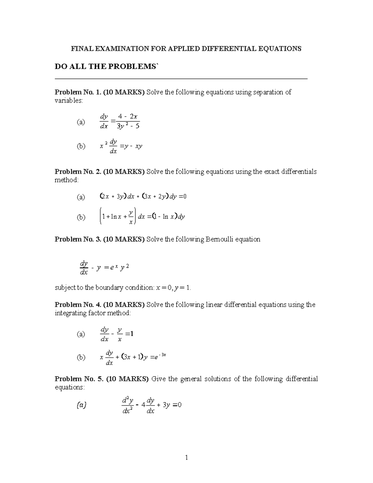 Final Exam 2015, questions - FINAL EXAMINATION FOR APPLIED DIFFERENTIAL ...