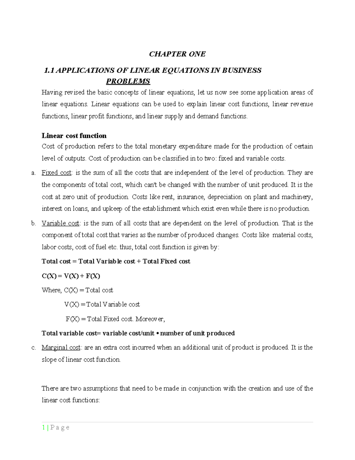 Chapter 1 - CHAPTER ONE 1 APPLICATIONS OF LINEAR EQUATIONS IN BUSINESS ...