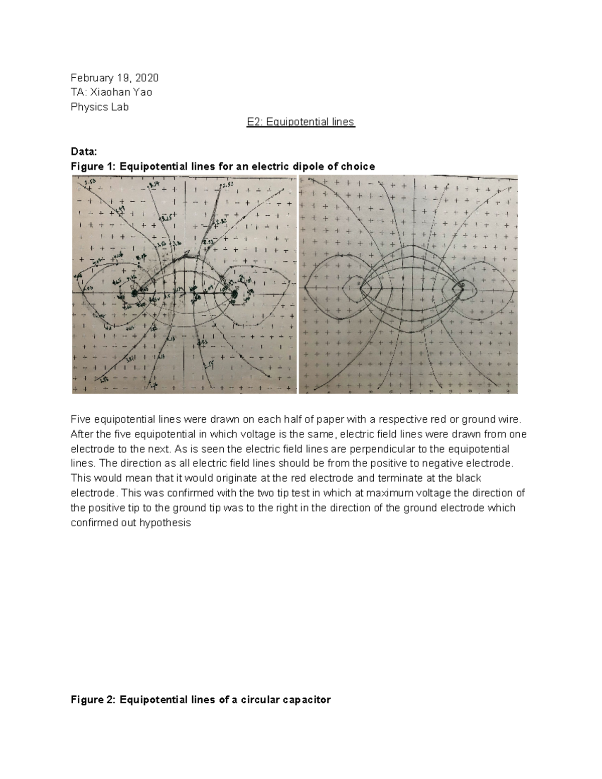 Physics Lab E2 Equipotential lines - February 19, 2020 TA: Xiaohan Yao ...