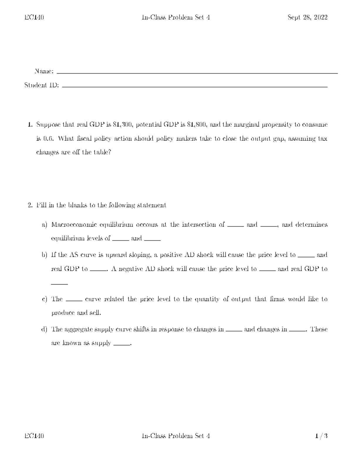 EC 140 In-class Problem Set 4 - ♥ ss Pr♦ ♠ t ♣t ♠ t ♥t - Studocu