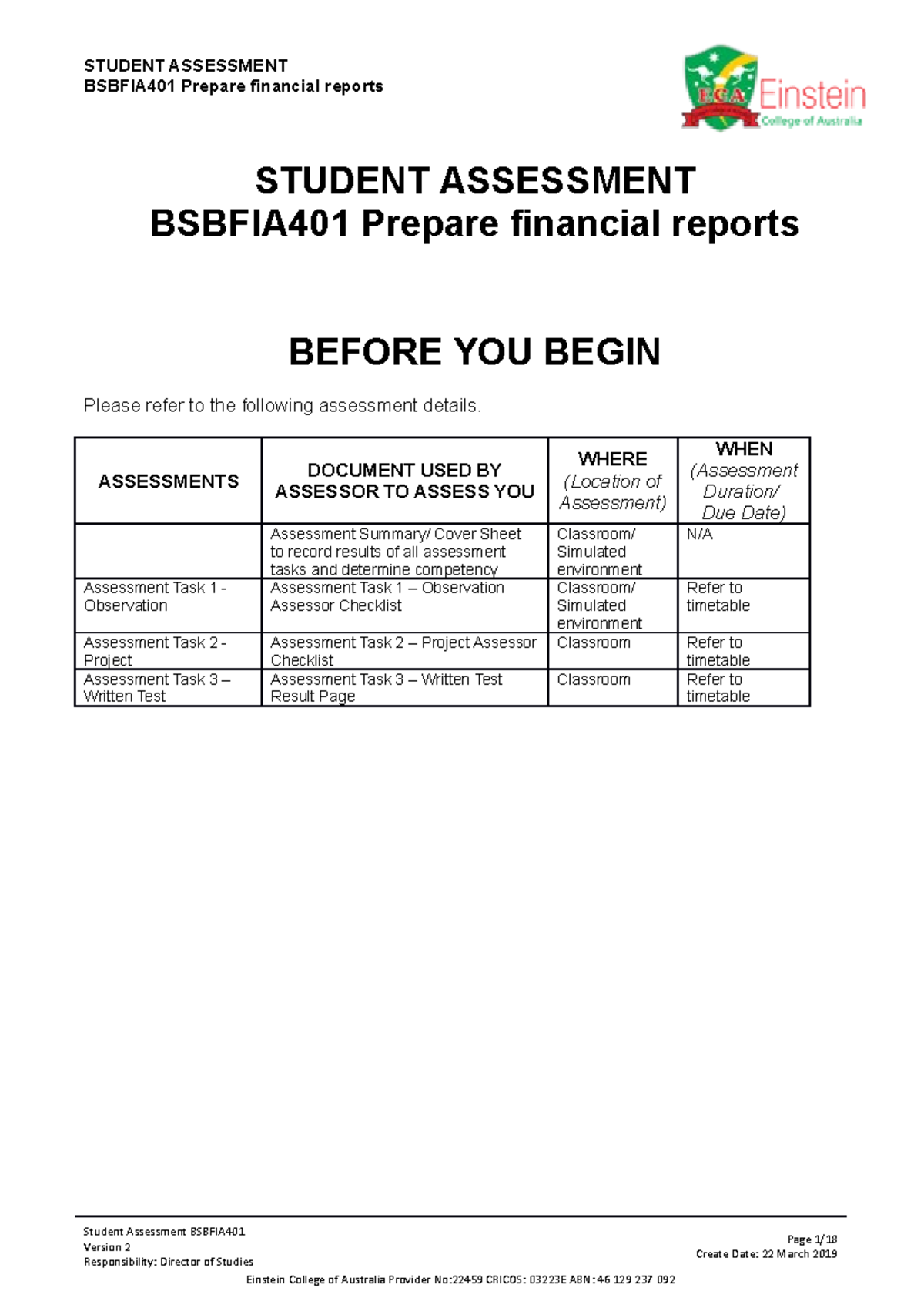 Bsbfia 401 Student Assessment. V2. 220319 - BSBFIA401 Prepare financial reports STUDENT ...