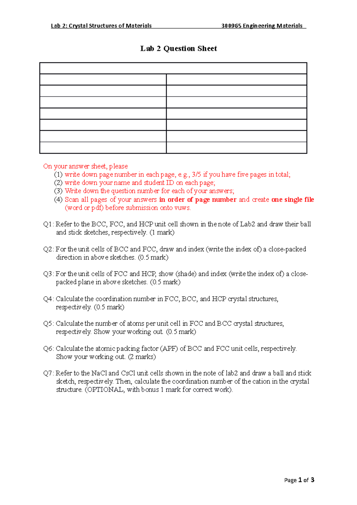 Lab 2 Question and Answers Materials - Lab 2: Crystal Structures of ...