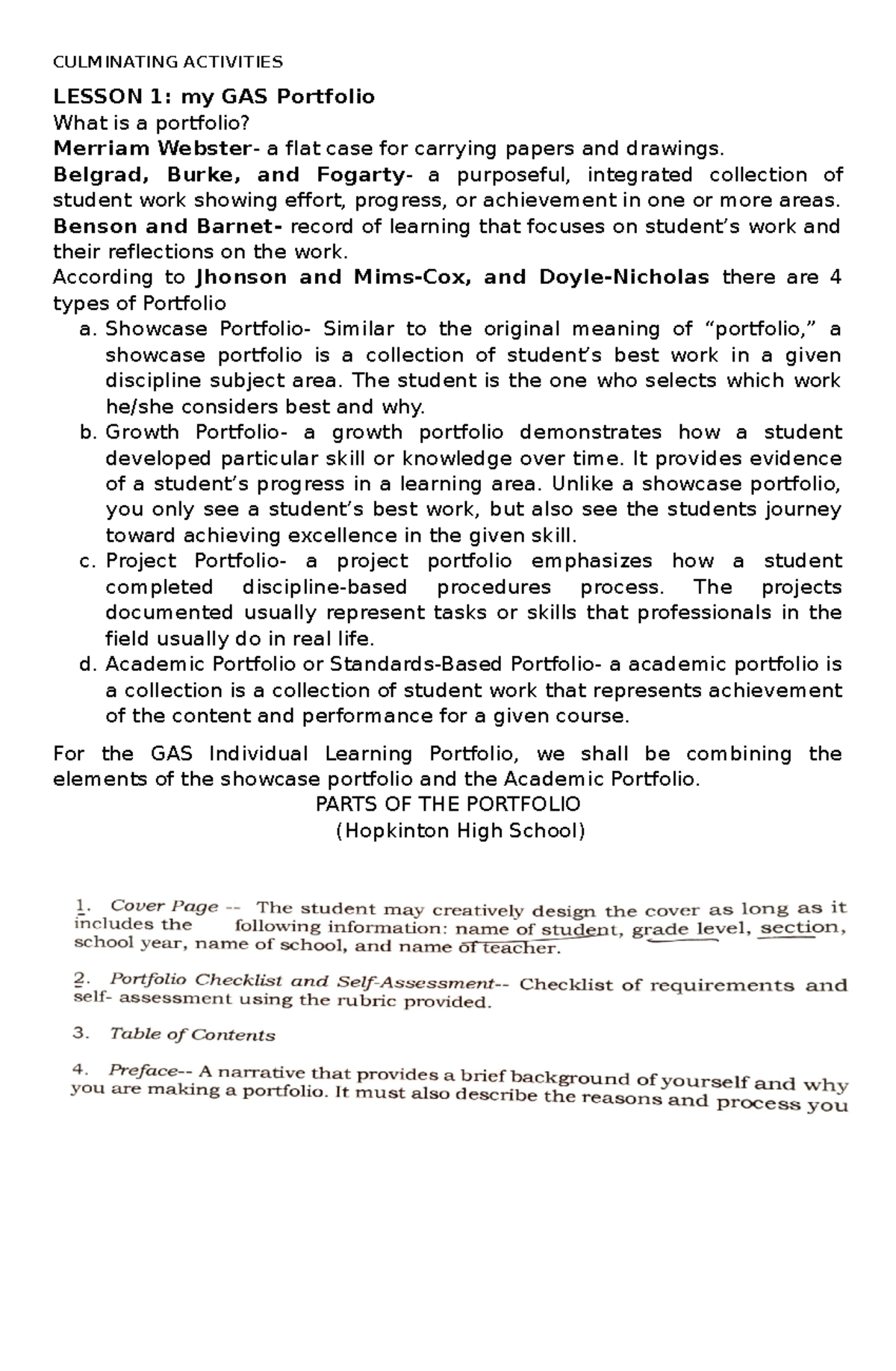 Portfolio Development Phases - CULMINATING ACTIVITIES LESSON 1: my GAS ...