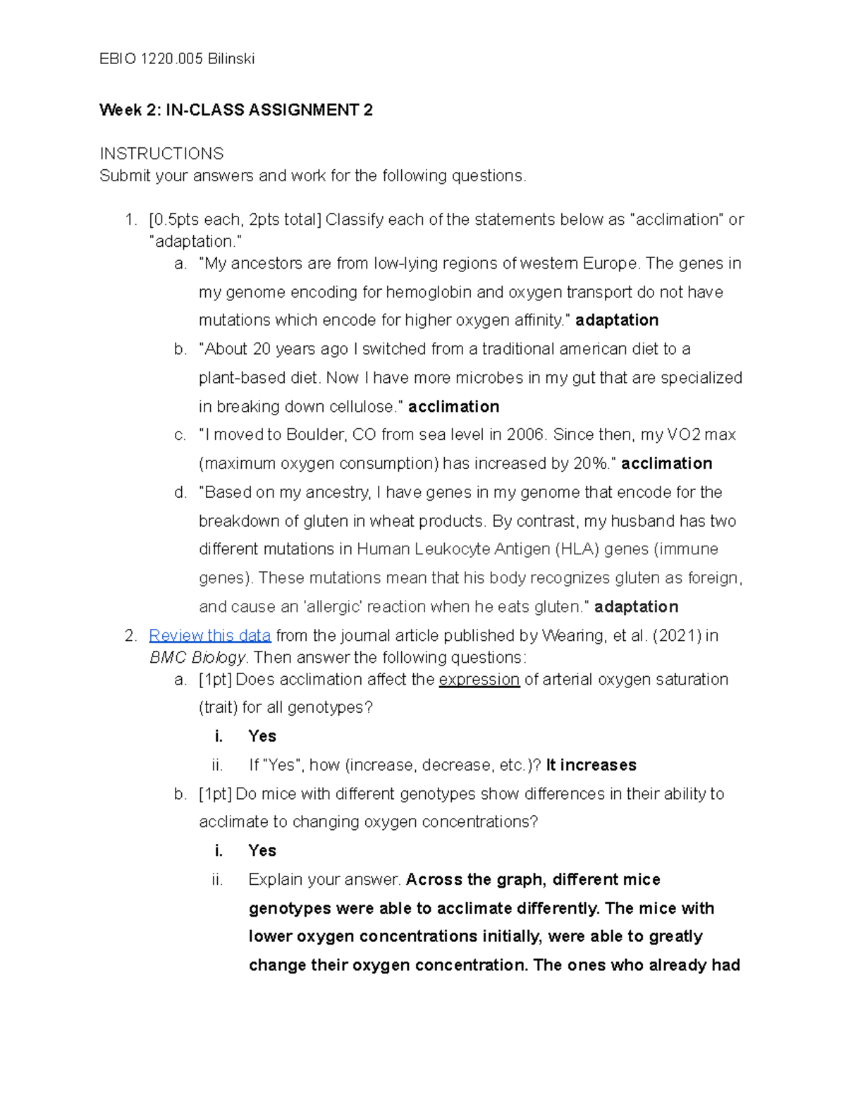 Wk2 In-Class Assign 2 - Professor Teresa Bilinski. Acclimation or adaptation? Review this data ...