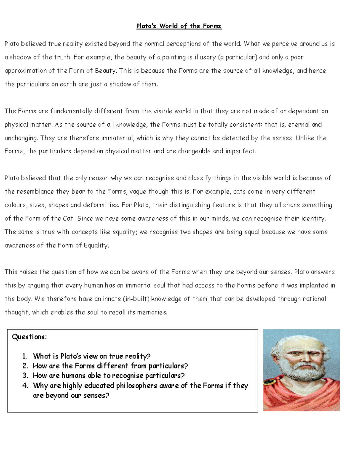 Plato World Of Forms Information Sheet - Plato’s World of the Forms ...
