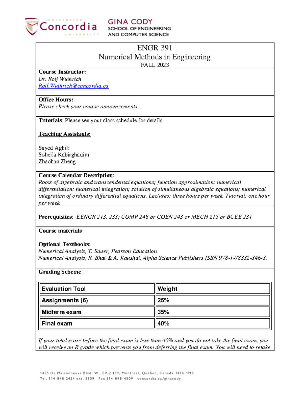 outline of the ENGR 391 course - ENGR 391 Numerical Methods in Engineering FALL 2023 Course ...