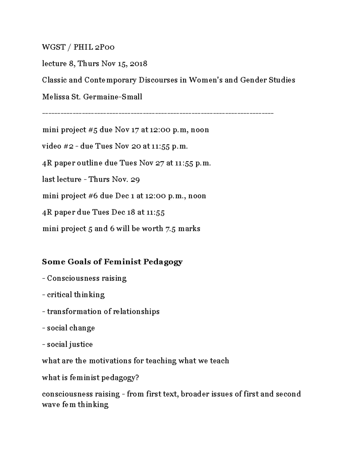 WGST 2P00 lecture 8, Nov 15 - WGST / PHIL 2P lecture 8, Thurs Nov 15 ...
