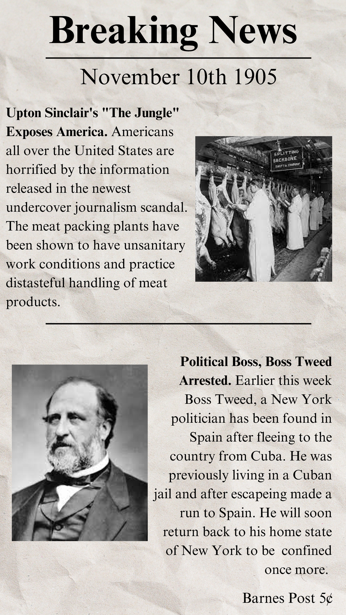 Apush Newspaper - Breaking News November 10th 1905 Upton Sinclair's ...