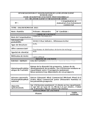 Fiche E4 Evenement Commercial(1) - BTS NÉGOCIATION ET DIGITALISATION DE LA RELATION CLIENT ...